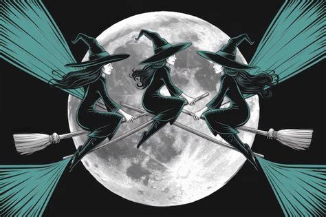 Three Witches Flying Brooms Full Moon Halloween Illustration Halloween