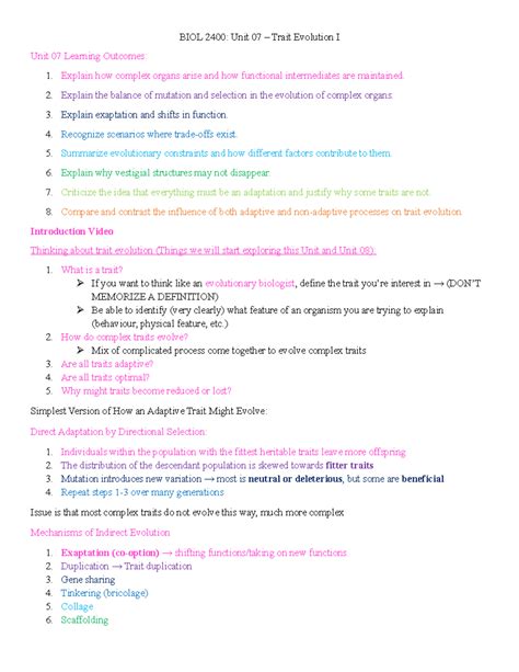 BIOL 2400 Unit 07 Notes BIOL 2400 Unit 07 Trait Evolution I Unit