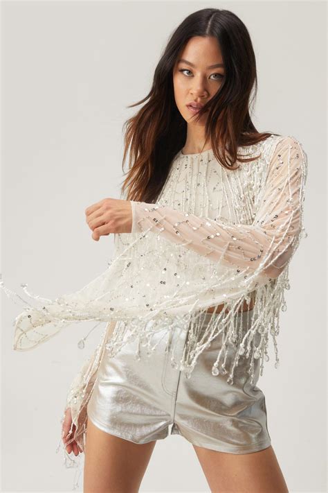 Beaded Tassel Sheer Bell Sleeve Top Nasty Gal