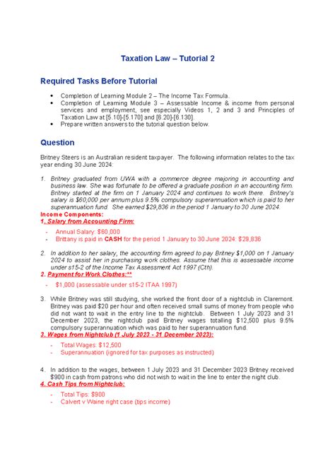 Tutorial 2 Tutorial Questions Taxation Law Tutorial 2 Required