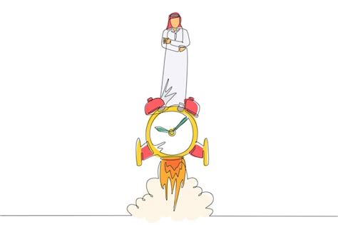 Premium Vector Single Continuous Line Drawing Arabian Businessman Riding Alarm Clock Rocket
