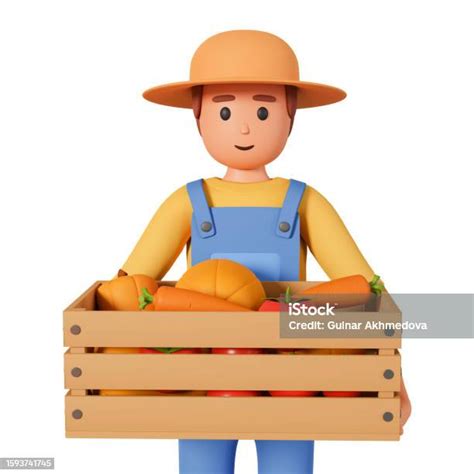 작업복을 입은 농부는 흰색 배경에 격리된 야채 전면 보기 3d 그림이 있는 나무 상자를 들고 있다 정원사 남자가 야채로 가득 찬 나무 상자를 들고 있는 3d 그림 3차원