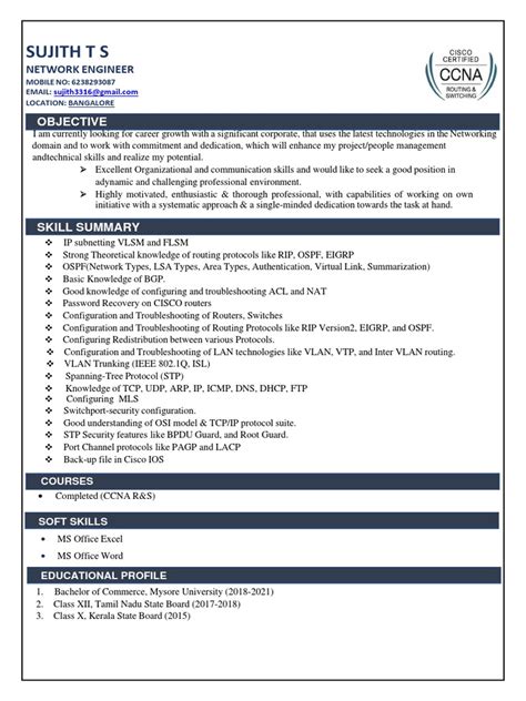 Sujith Resume Ccna Pdf Internet Protocol Suite Computer Network