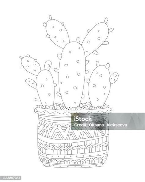 당신의 색칠 공부 책을위한 성장하는 Opuntia 선인장 관엽 식물과 화려한 장식 화분 8 9 살에 대한 스톡 벡터 아트 및