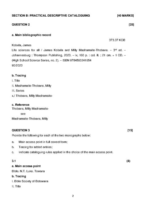 AIS Exam OCT Mock Exam Memo SECTION B PRACTICAL DESCRIPTIVE CATALOGUING MARKS