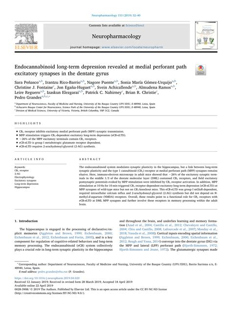Pdf Endocannabinoid Long Term Depression Revealed At Medial Perforant Path Excitatory Synapses