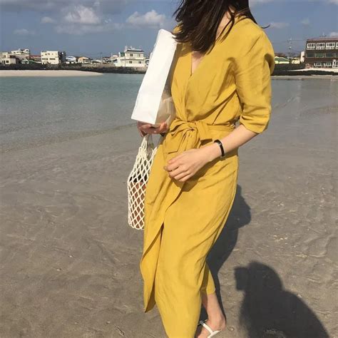 Summer Women Casual V Neck Cotton Linen Dress Mid Calf Solid Sashes