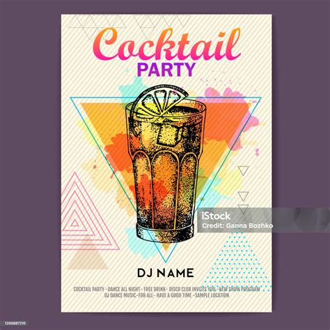 예술적인 다각형 수채화 배경에 칵테일 롱 아일랜드 아이스 티 칵테일 디스코 파티 포스터 Dj에 대한 스톡 벡터 아트 및 기타 이미지 Dj 고풍스런 과일 Istock
