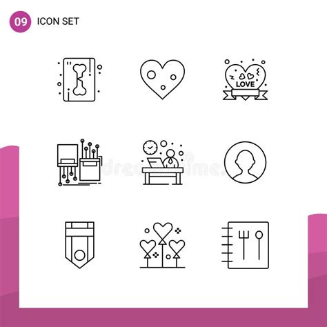 Group Of 9 Modern Outlines Set For Desk Lane Heart Badge Electronic Digital Stock Vector