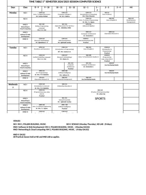 Updated Timetablefirstsemester20242025ftandept Computer Science