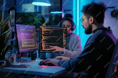 Computer Woman Programmer And Man Training For Coding Cyber Security Or