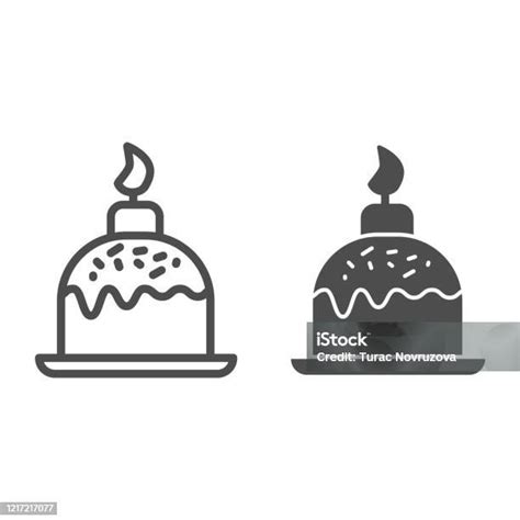 촛불 라인과 단단한 아이콘 접시에 부활절 케이크 흰색 배경에 전통적인 파샬 디저트 개요 스타일 픽토그램 모바일 개념 및 웹