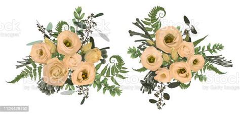 벡터 꽃 부케 디자인 모음 녹색 숲 잎 Brunia 고 사리 분기 회 양 목 Buxus 유 칼 리 나무 및 꽃 Eustoma