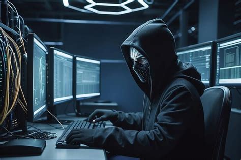 Premium Photo Masked Hacker Is Using Computer For Organizing Massive Data Breach Attack On