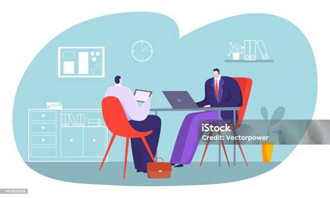 사무 면접 벡터 일러스트 레이 션 플랫 맨 직원 후보 캐릭터 회사 직원과의 대화 채용 인터뷰 이벤트에 대한 스톡 벡터 아트 및 기타 이미지 인터뷰 이벤트 개념 객실