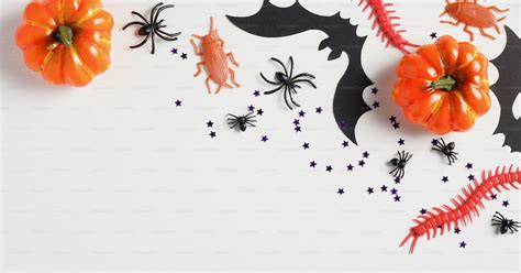 白い背景にハロウィーンの装飾、上面図。オレンジ色のカボチャ、コウモリ、クモ、バッグ、紙吹雪を平らに敷き詰めます。ハロウィーンパーティーのバナー