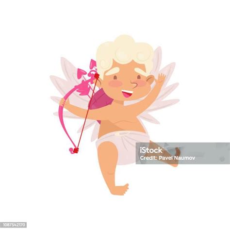 즐거운 큐의 평면 벡터 아이콘입니다 작은 날개를 가진 사랑의 귀여운 천사입니다 분홍색 활과 화살을 가진 아기의 만화 캐릭터 가공의 인물에 대한 스톡 벡터 아트 및 기타