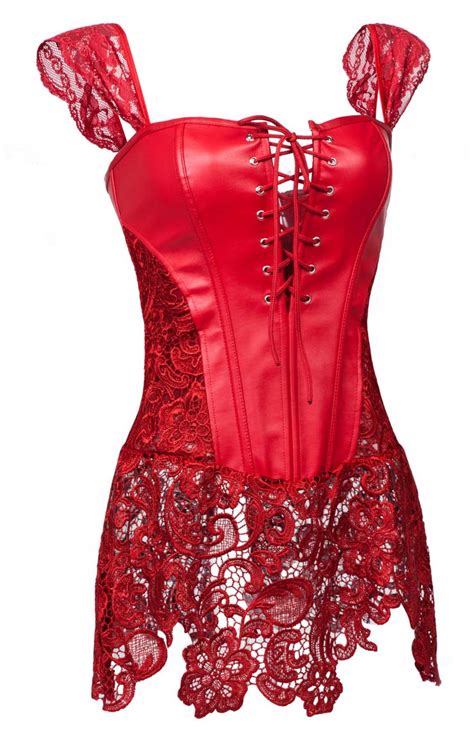 Steampunk Sexy Red Faux Leather Long Lace Embellished Corset With Lace Skirt Christmas Corset N10615