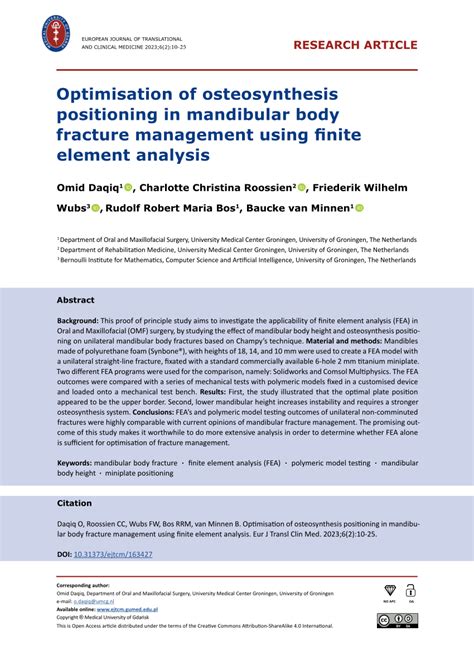 Pdf Optimisation Of Osteosynthesis Positioning In Mandibular Body