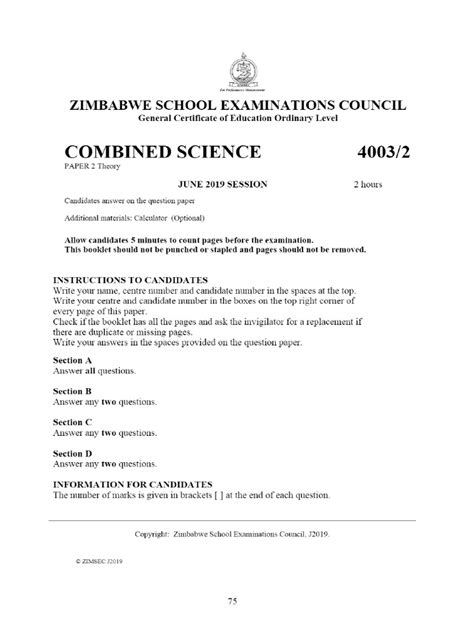 Zimsec O Level Combined Science June 2019 Past Exam Paper 2 Pdf