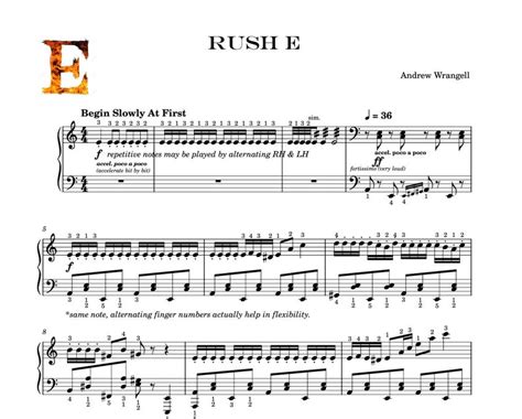 Rush E Intermediate Piano Sheet Music With Note Names And Finger