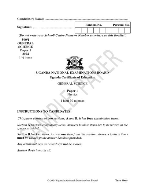 5001 General Science Uneb Sample Paper New Curriculum 2024 Plus Scoring