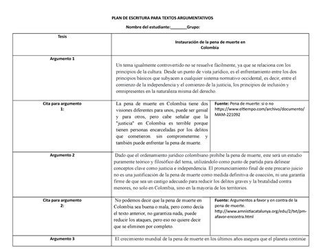 Anexo Plan De Escritura Para El Texto Argumentativo Nombre Del Estudiante Grupo Tesis