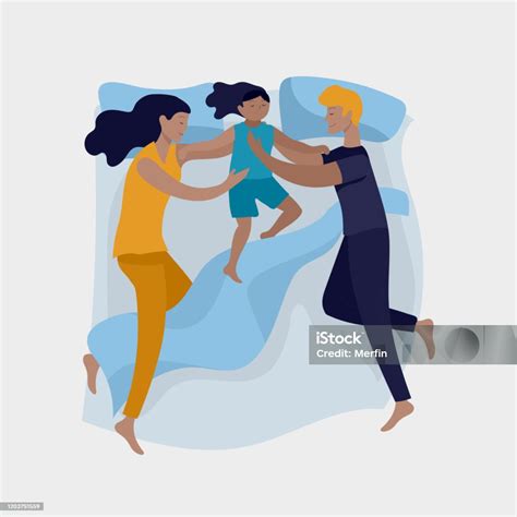 잠자는 사람 캐릭터의 컬렉션입니다 아이를 가진 가족은 침대에서 함께 자고 다양한 자세로 혼자 다른 자세로 가족에 대한 스톡 벡터