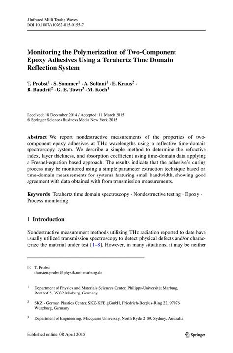 Pdf Monitoring The Polymerization Of Two Component Epoxy Adhesives Using A Terahertz Time