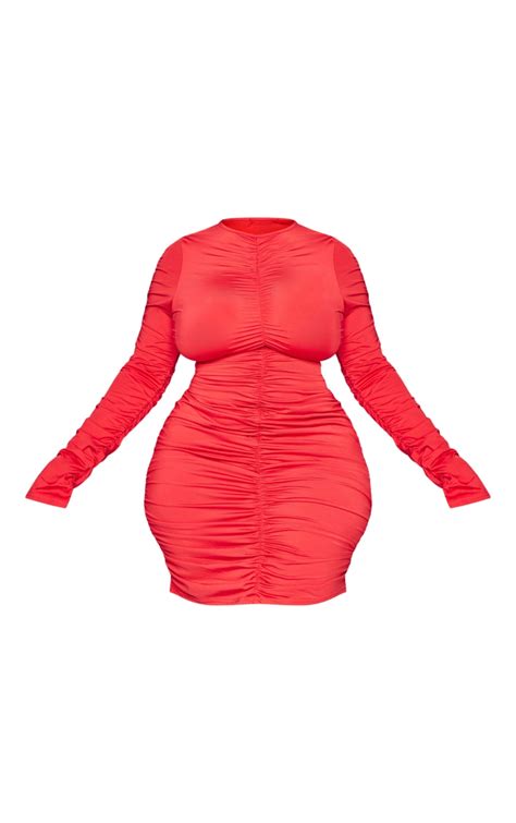 Plus Robe Moulante Rouge Froncée Prettylittlething Fr