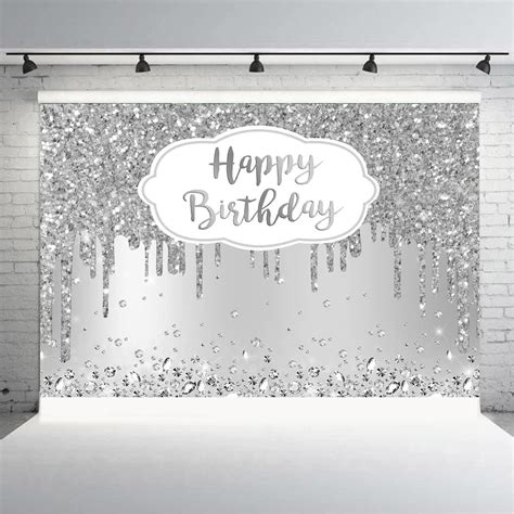 Silver Happy Birthday Backdrop Glitter Diamonds Girls Sweet 16 18th 21