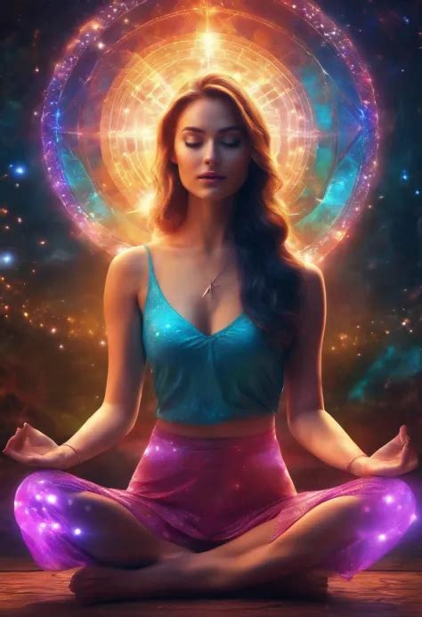 A Pregirl，meditate Cross Legged At Centre，very Bright Colors Light