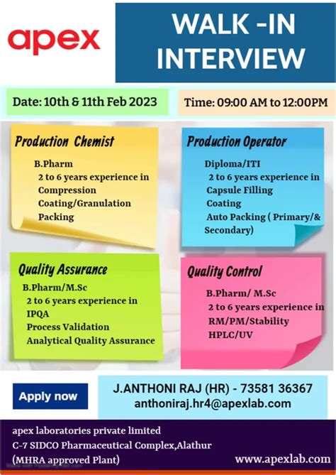 apex laboratories pvt ltd walk ins on 10th and 11th feb 2023 for production qa qc