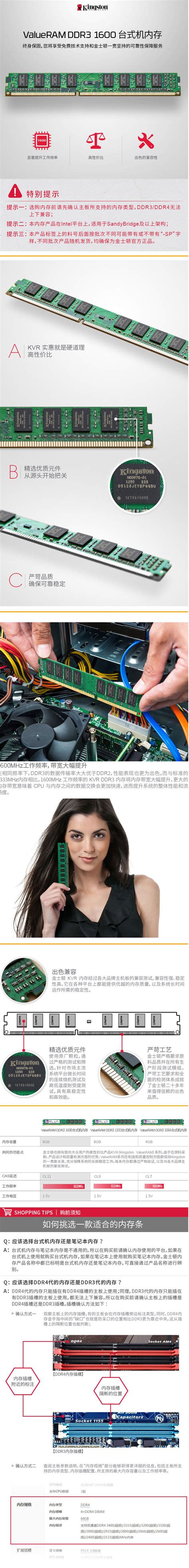 金士顿台式机内存 DDR3 4G 1600 G 众邦快马数字