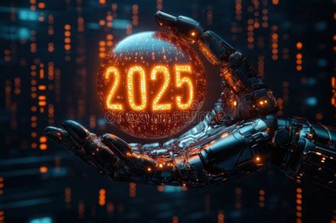 Robotic Hand Holds Glowing 2025 Sphere Digital Binary Codes Surround Sphere Futuristic Tech