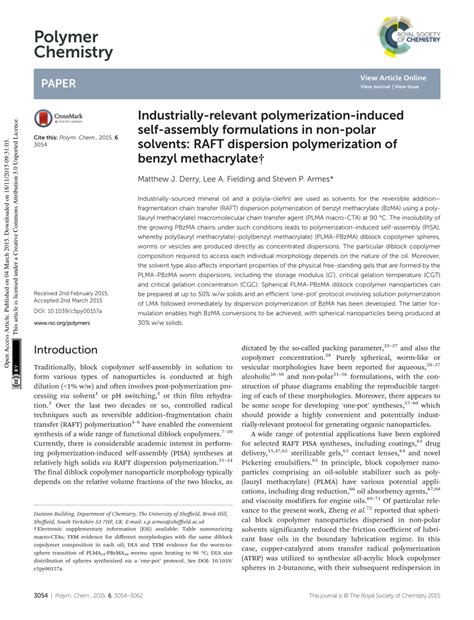 Pdf Industrially Relevant Polymerization Induced Self Assembly Formulations In Non Polar
