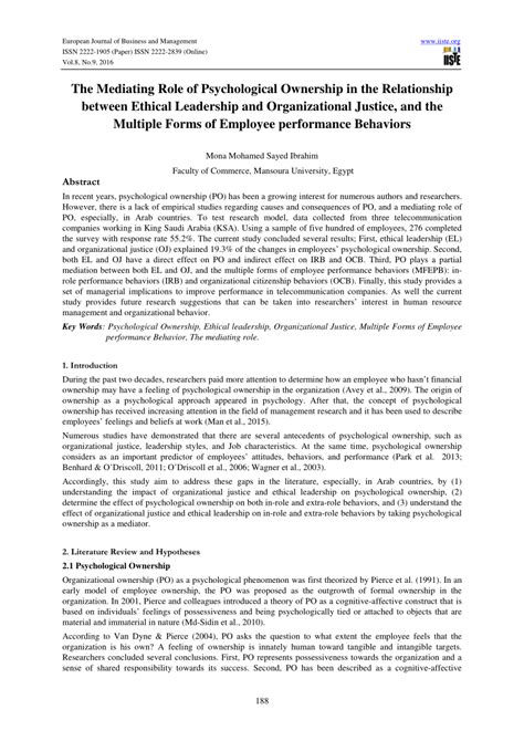Pdf The Mediating Role Of Psychological Ownership In The Relationship Between Ethical