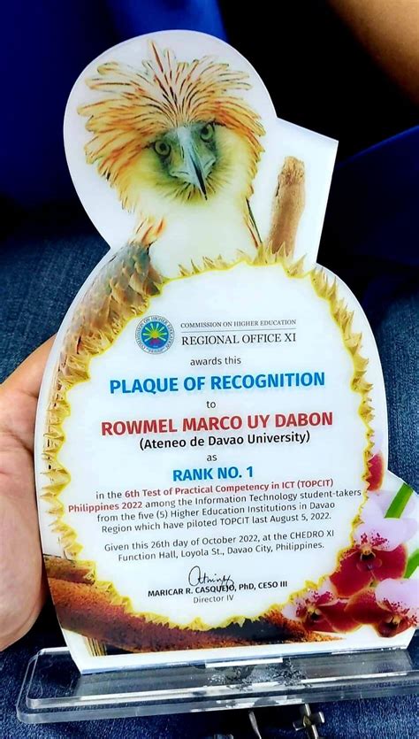 Thank You To Ched Region Xi And Topcit For Granting Me The Award Of Top 1 In Region Xi And Top 5