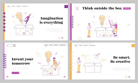 Think Outside Landing Page Template Set Tiny Characters Around Of Huge