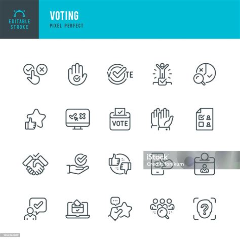 Voting 벡터 선형 아이콘 집합입니다 완벽한 픽셀 편집 가능한 획 세트에는 투표 선택 선거 투표함 인터넷 투표 손 들기 체크