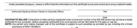 Blank Kentucky Resale Certificate