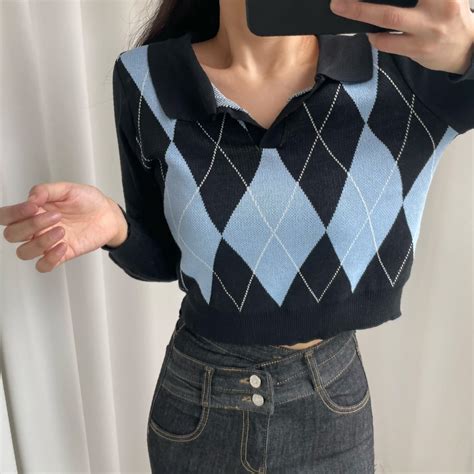 Sale 카라 사랑스러운 스쿨 카라넥 부드러운 아가일 크롭 하이틴 여자 체크 니트 여성 긴팔 티셔츠 걸스힙 에이블리