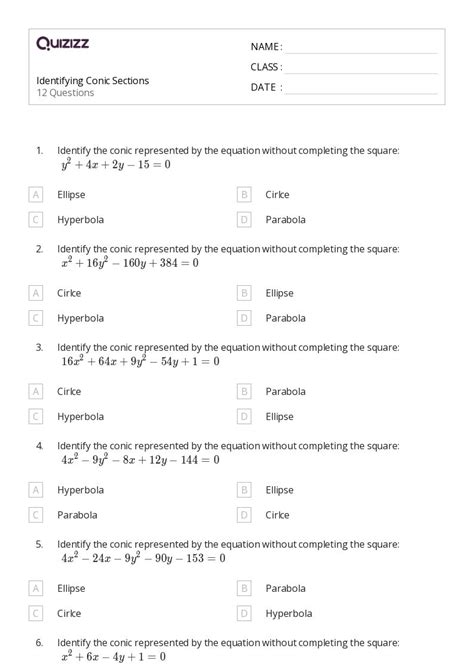 50 Conic Sections Worksheets For 10th Grade On Quizizz Free And Printable