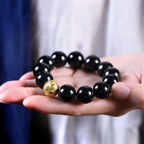 祥祯福 天然a货翡翠墨翠手串男大珠3d足金珠圆珠玉石单圈手链