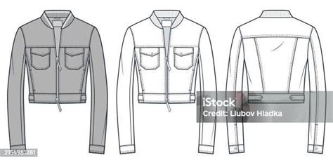 봄버 재킷 테크니컬 패션 일러스트레이션 지퍼 재킷 패션 플랫 기술 도면 템플릿 크롭 포켓 편안한 핏 전면 및 후면보기 화이트