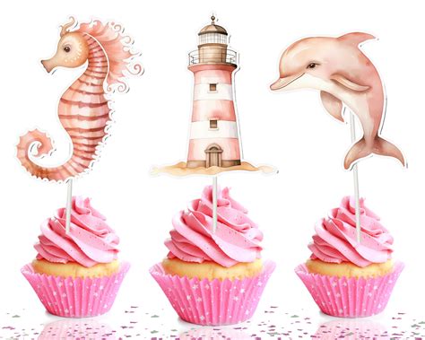 Pink Sailor Cupcake Toppers 10pcs Set Nautical Themed Party Decora