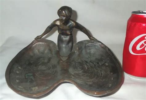 Antique Solid Bronze Art Nouveau Lady Woman Statue Sculpture Tray