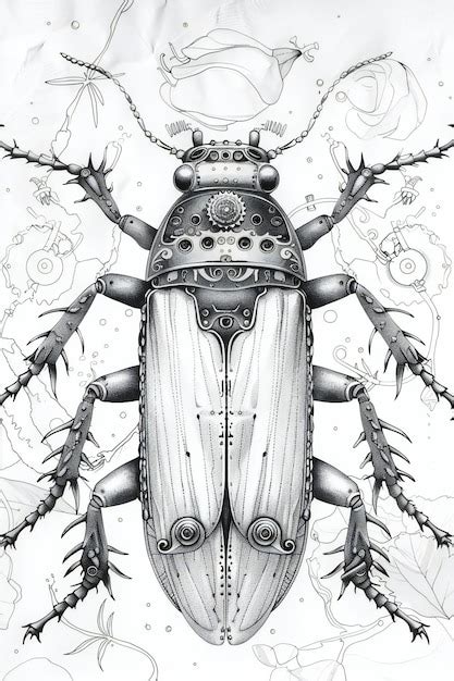 Premium Photo Steampunk Coloring Page With Crawly Bug In Light Grayscale