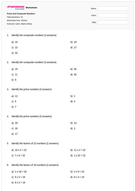 50 Prime And Composite Numbers Worksheets For Grade 6 On Wayground