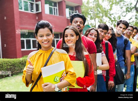 Group Indian College Students Friends Standing In Line And Showing
